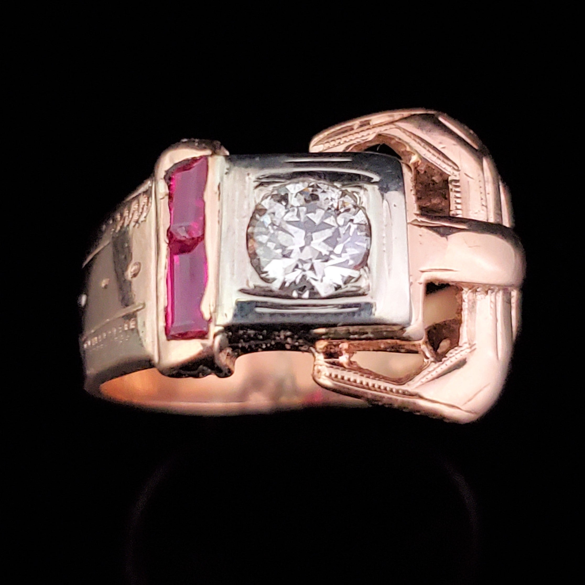 The Lombardy - 1940s Retro Era Diamond Ruby 14k Rose Gold Belt Buckle ...