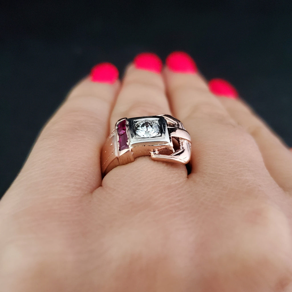 The Lombardy - 1940s Retro Era Diamond Ruby 14k Rose Gold Belt Buckle ...