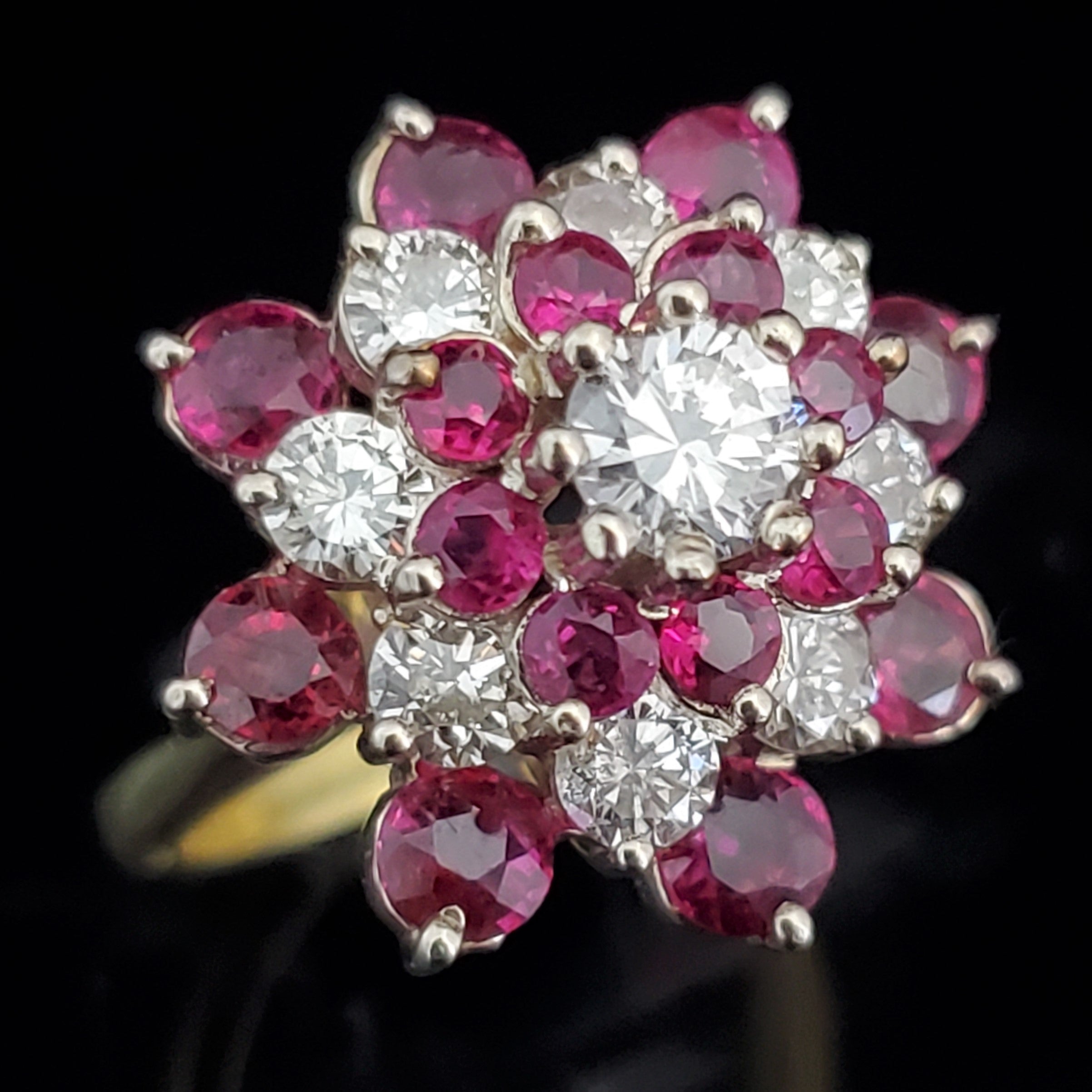 The Leeds - Estate Diamond Ruby 18k Gold Cluster Cocktail Ring ...